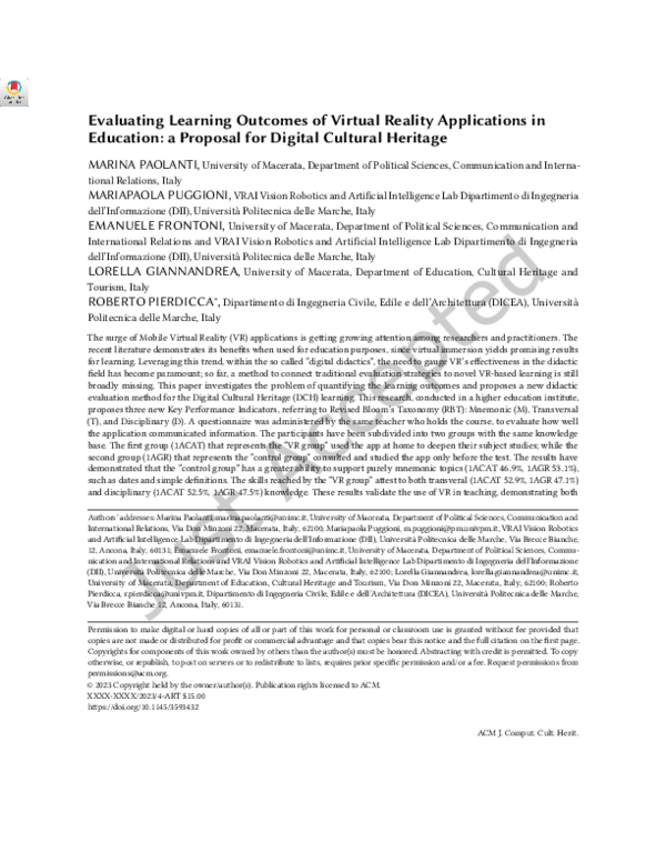 (PDF) Evaluating Learning Outcomes of Virtual Reality Applications in Education: A Proposal for ...