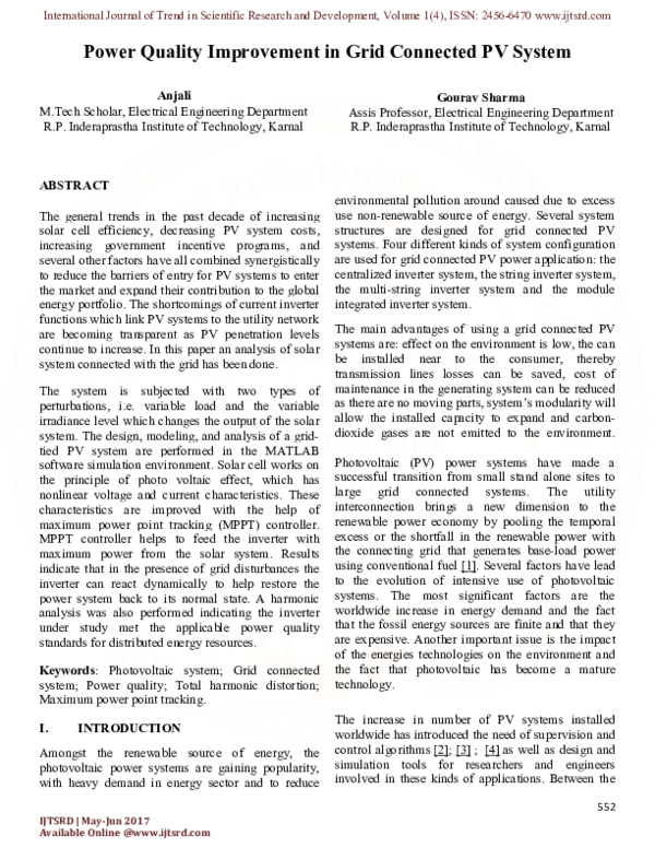 (PDF) Power Quality Improvement in Grid Connected PV System
