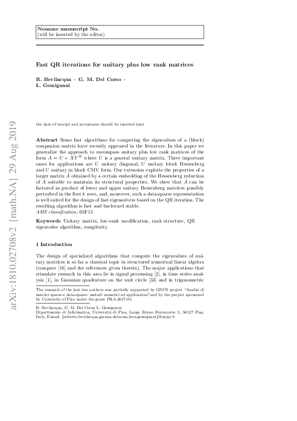 (PDF) Fast QR iterations for unitary plus low rank matrices