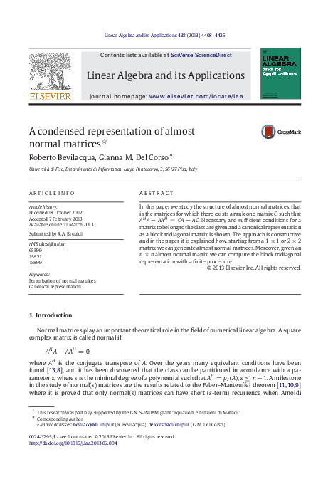 (PDF) A condensed representation of almost normal matrices