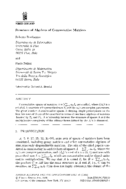 (PDF) Structure of algebras of commutative matrices