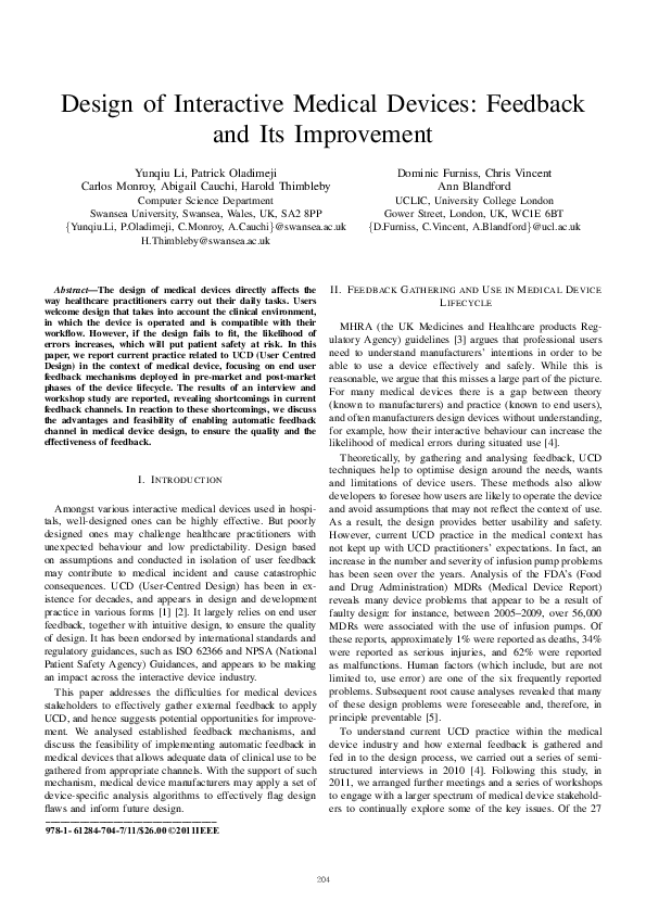 (PDF) Design of interactive medical devices: Feedback and its improvement