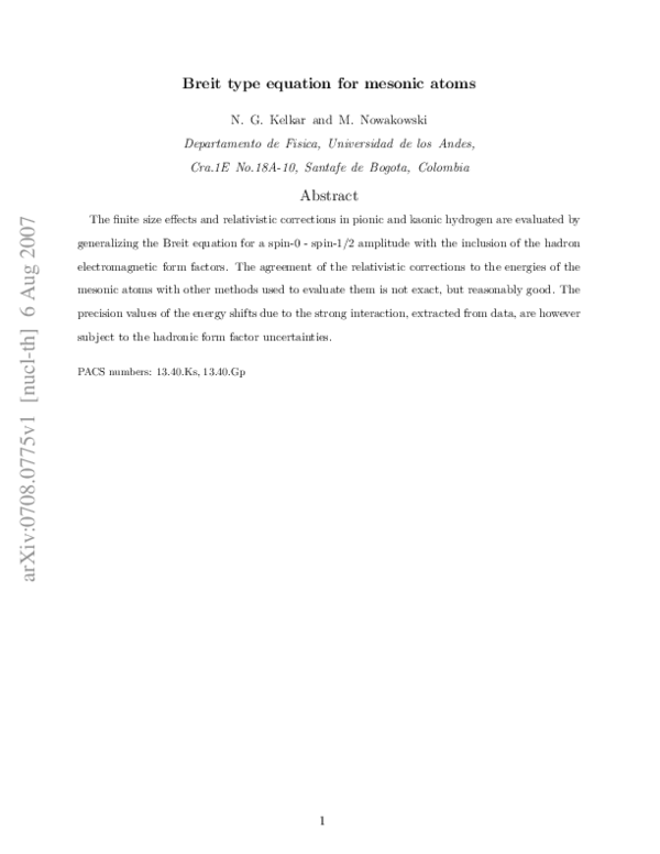 (PDF) Breit type equation for mesonic atoms