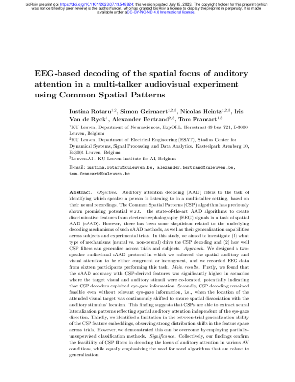 Pdf Eeg Based Decoding Of The Spatial Focus Of Auditory Attention In