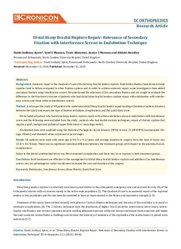 (PDF) Distal Bicep Brachii Rupture Repair: Relevance of ...