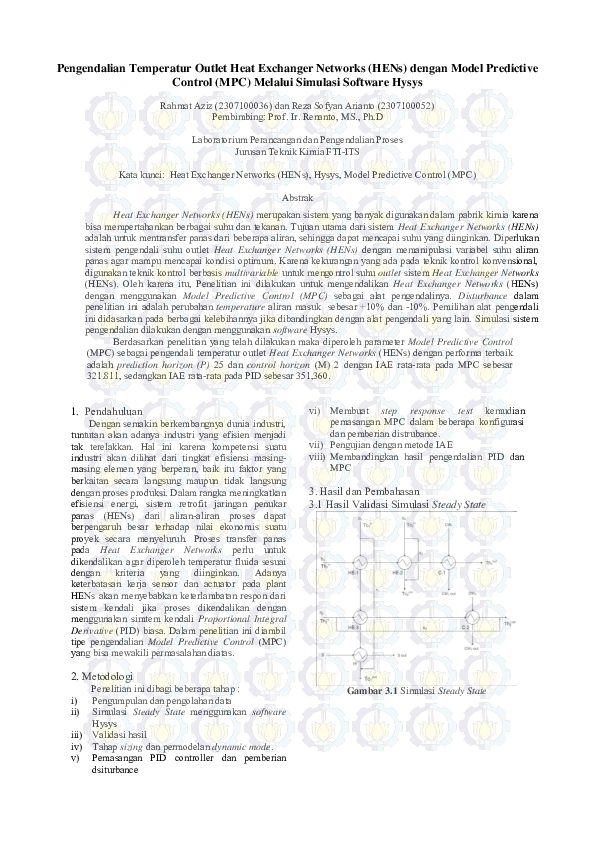 (PDF) Pengendalian Temperatur Outlet Heat Exchanger Networks (HENs) dengan Model Predictive ...