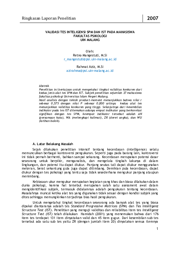 (PDF) Validasi tes inteligensi SPM dan IST