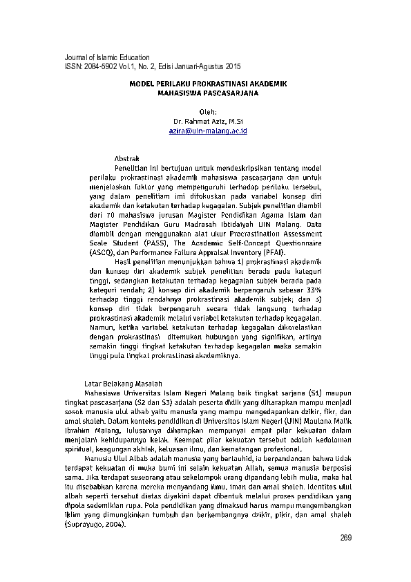(PDF) Model perilaku prokrastinasi akademik mahasiswa pascasarjana