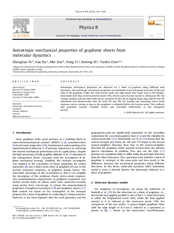 (PDF) Anisotropic mechanical properties of graphene sheets from molecular dynamics