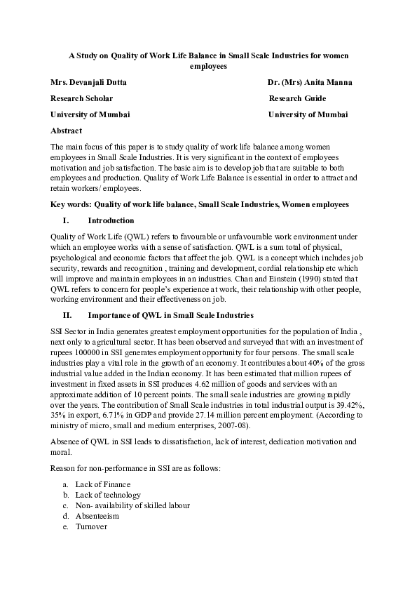 (DOC) A Study on Quality of Work Life Balance in Small Scale Industries ...