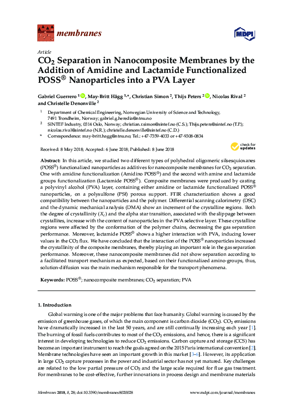 (PDF) {"__content__"=>"CO₂ Separation in Nanocomposite Membranes by the ...