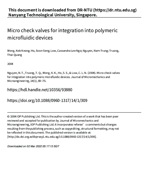 (PDF) Micro check valves for integration into polymeric microfluidic devices