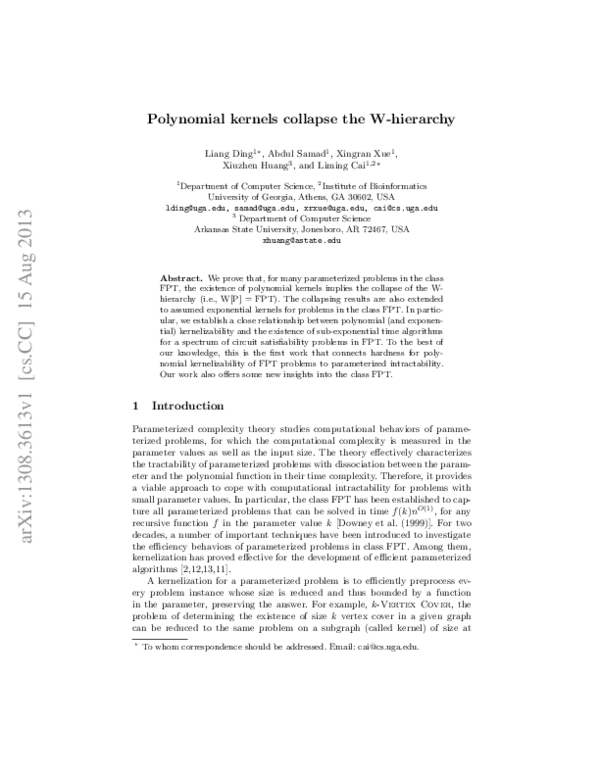 (PDF) Polynomial kernels collapse the W-hierarchy | Abdul Samad - Academia.edu