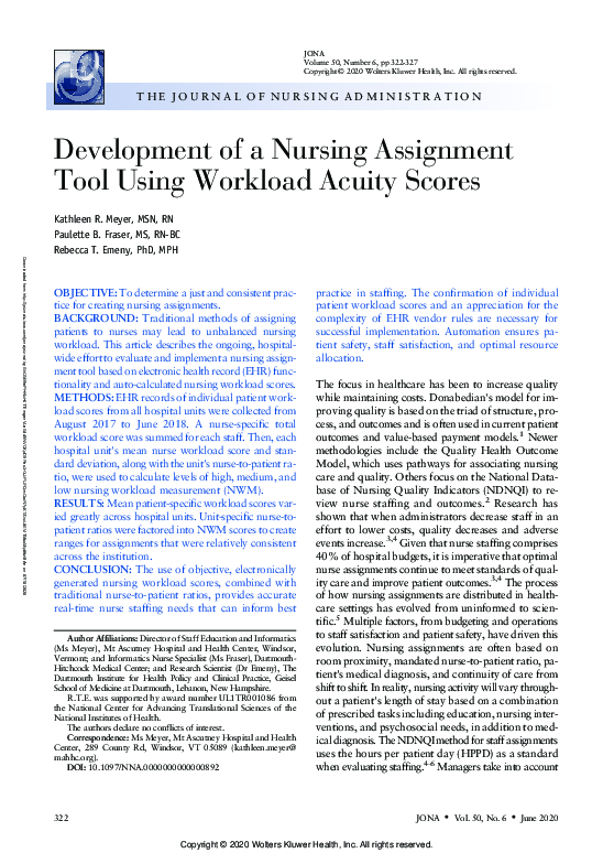 (PDF) Development of a Nursing Assignment Tool Using Workload Acuity Scores