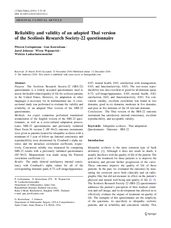 (PDF) Reliability and validity of an adapted Thai version of the Scoliosis Research Society-22 ...