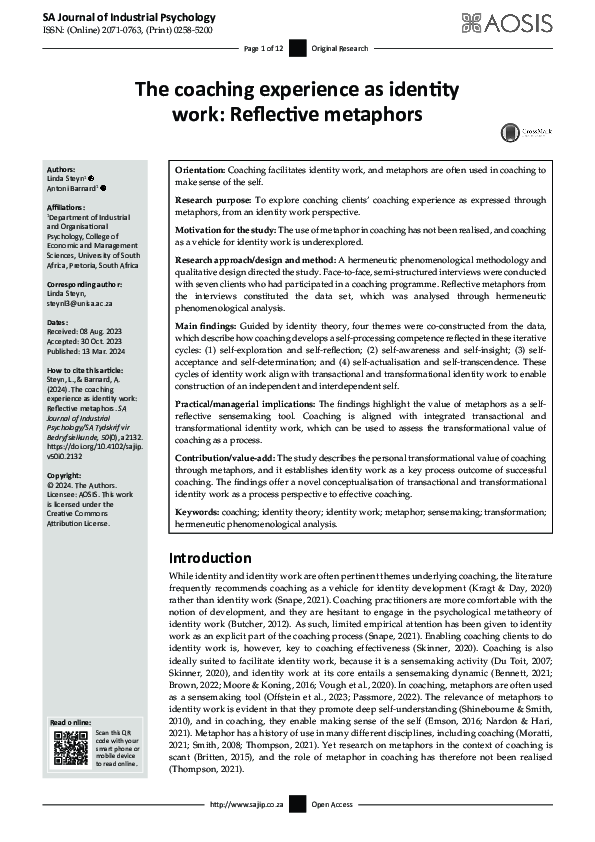 (PDF) The coaching experience as identity work: Reflective metaphors