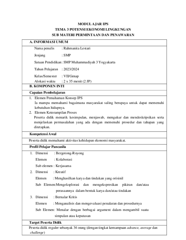 (PDF) MODUL AJAR IPS TEMA 3 POTENSI EKONOMI LINGKUNGAN SUB MATERI PERMINTAAN DAN PENAWARAN A ...