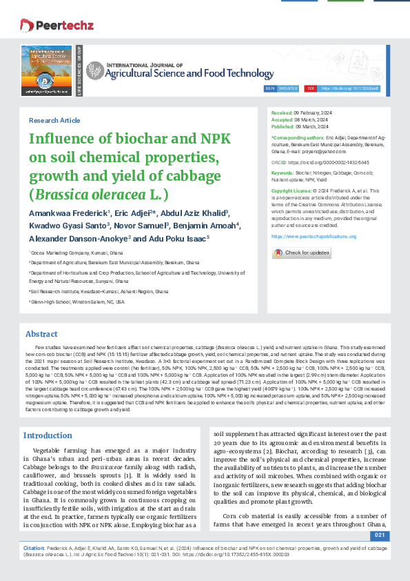 (PDF) Infl uence of biochar and NPK on soil chemical properties, growth and yield of cabbage ...