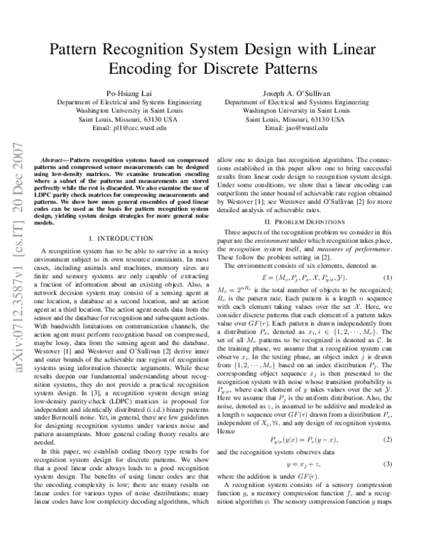 (PDF) Pattern Recognition System Design with Linear Encoding for ...