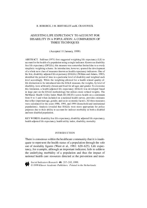 (PDF) Adjusting Life Expectancy to Account for Disability in a ...