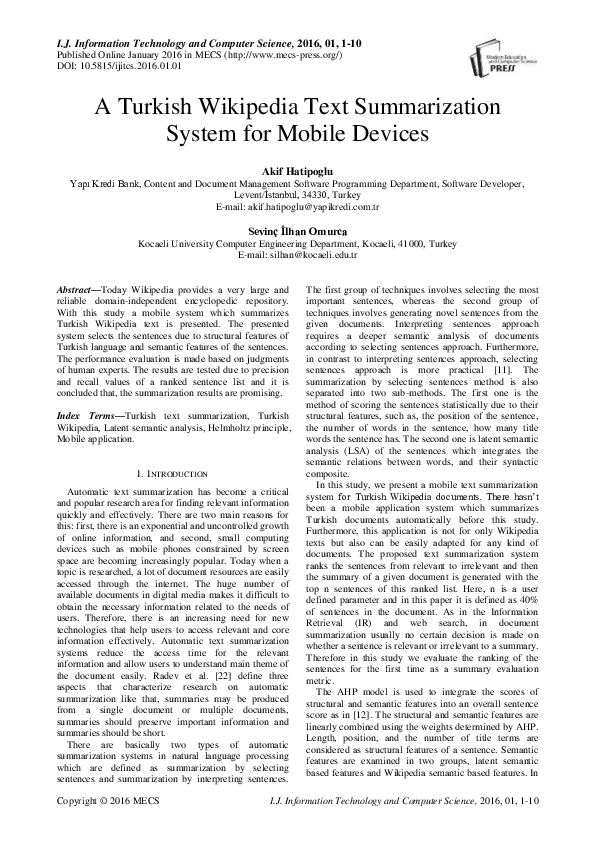 (PDF) A Turkish Wikipedia Text Summarization System for Mobile Devices