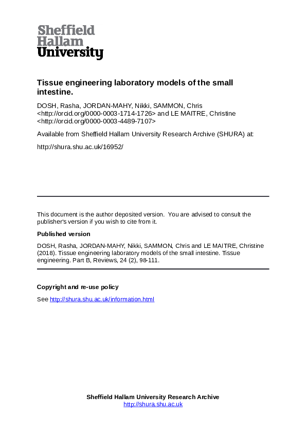 (PDF) Tissue Engineering Laboratory Models of the Small Intestine