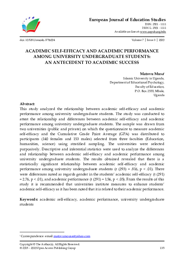 (PDF) Academic Self-Efficacy and Academic Performance Among University ...