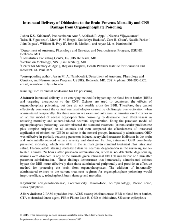 (PDF) Intranasal Obidoxime Reduces Organophosphate Damage