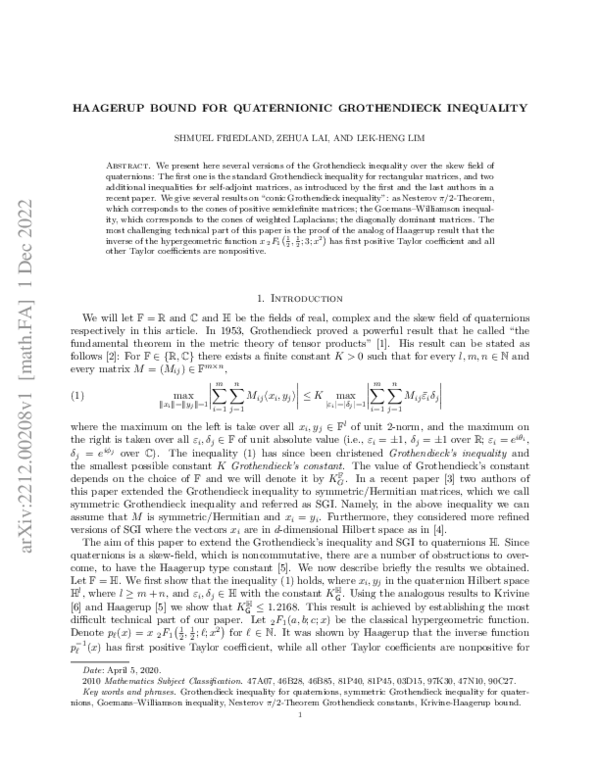 (PDF) Haagerup bound for quaternionic Grothendieck inequality