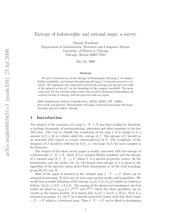 (PDF) Entropy of holomorphic and rational maps: a survey