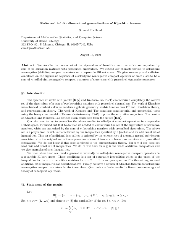 (PDF) Finite and infinite dimensional generalizations of Klyachko's theorem