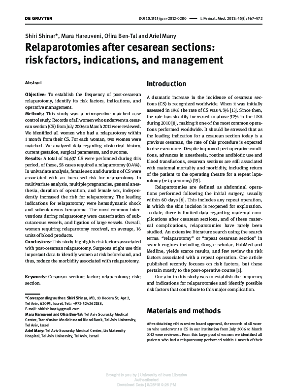 (PDF) Relaparotomies after cesarean sections: risk factors, indications ...