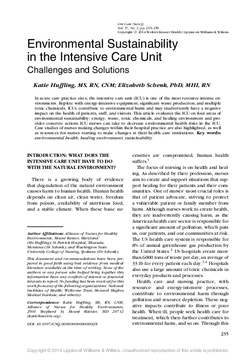 (PDF) Environmental Sustainability in the Intensive Care Unit