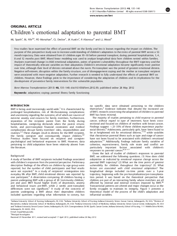 (PDF) Children's emotional adaptation to parental BMT