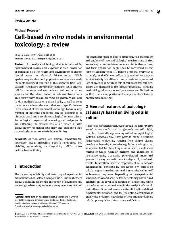 (PDF) Cell-based in vitro models in environmental toxicology: a review