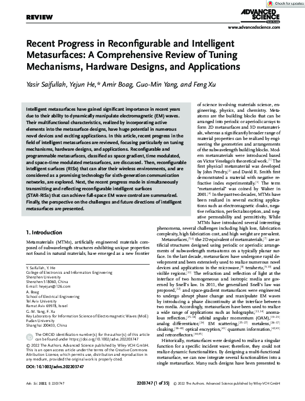 (PDF) Recent Progress in Reconfigurable and Intelligent Metasurfaces: A ...