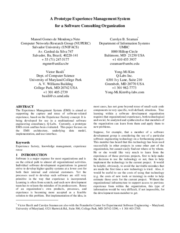 (PDF) A prototype experience management system for a software ...