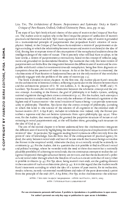 (PDF) Review of Lea Ypi's The Architectonic of Reason. Systematic Unity ...