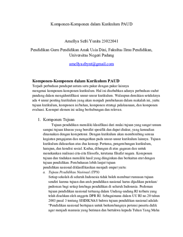 (DOC) Komponen-Komponen dalam Kurikulum PAUD