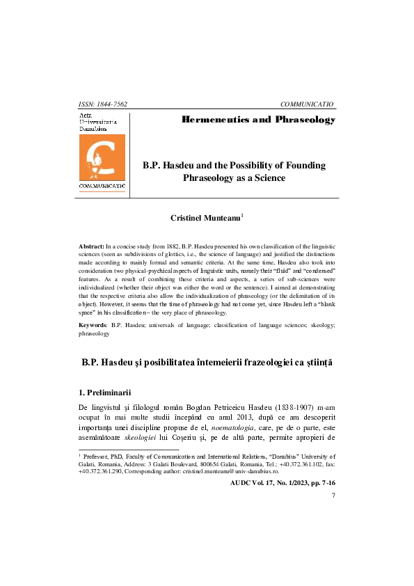 (PDF) B.P. Hasdeu şi posibilitatea întemeierii frazeologiei ca știință
