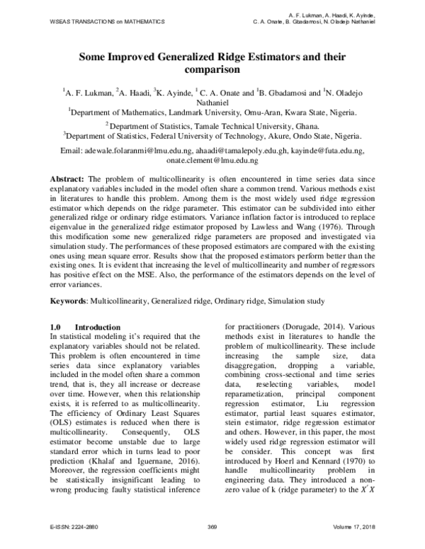 (PDF) Some Improved Generalized Ridge Estimators and their comparison