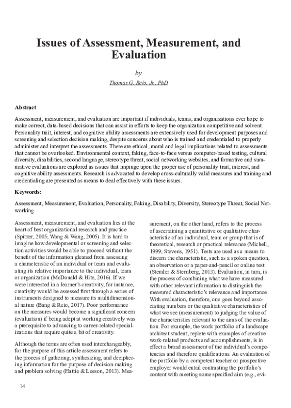 (PDF) Issues of Assessment, Measurement, and Evaluation