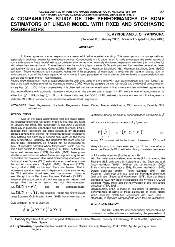 (PDF) A comparative study of the performances of some estimators of linear model with fixed and ...