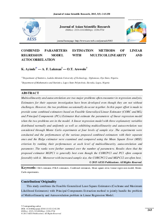 (PDF) Combined Parameters Estimation Methods of Linear Regression Model with Multicollinearity ...