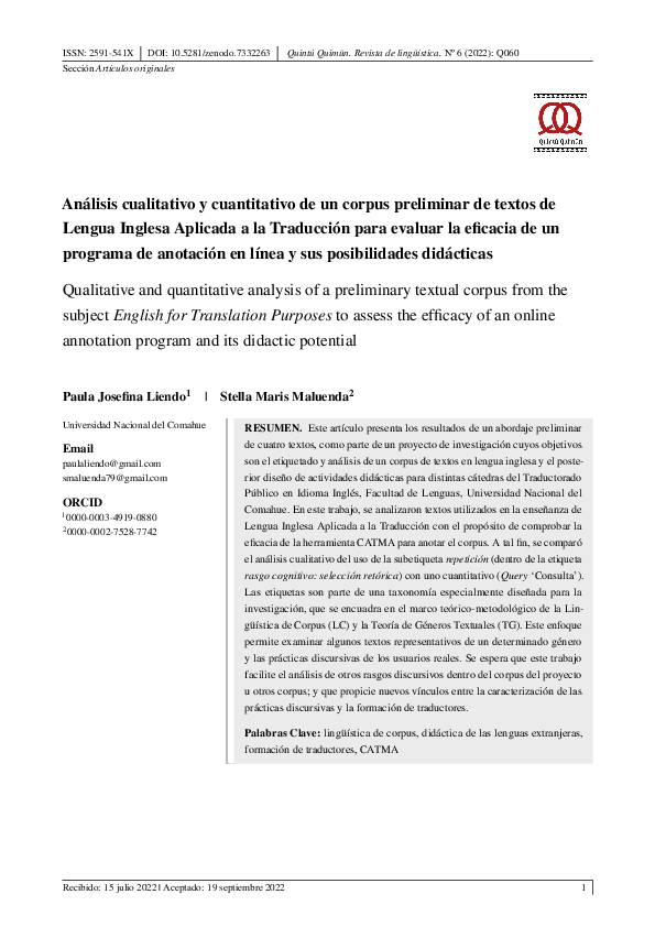 (PDF) Qualitative and quantitative analysis of a preliminary textual corpus from the subject ...