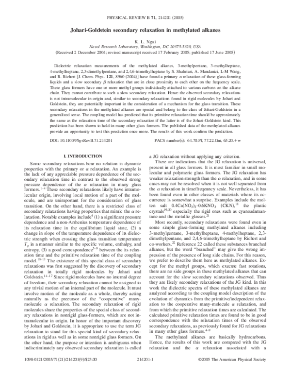(PDF) Johari-Goldstein secondary relaxation in methylated alkanes