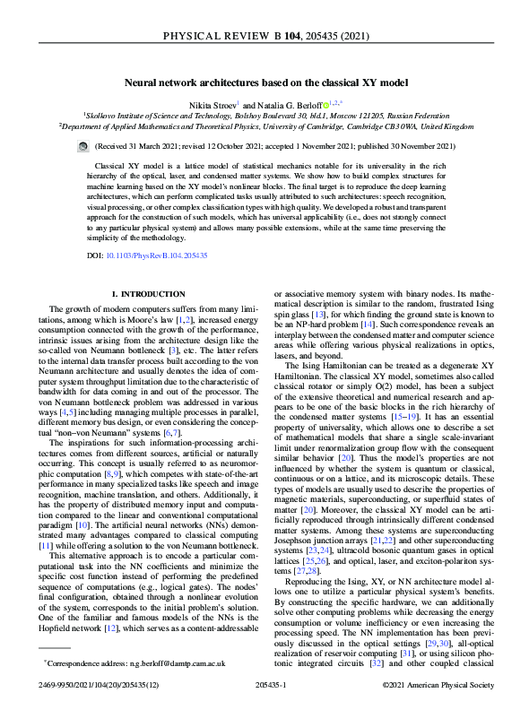 (PDF) Neural network architectures based on the classical XY model