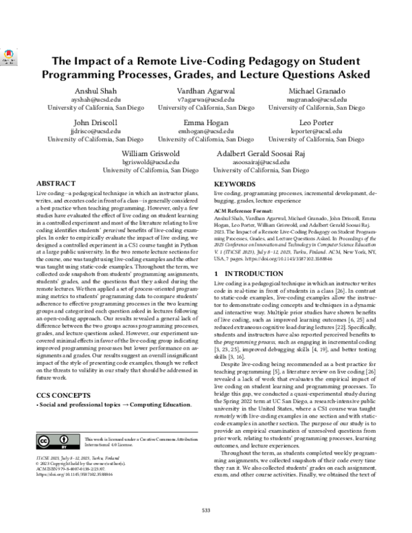 (PDF) The Impact of a Remote Live-Coding Pedagogy on Student Programming Processes, Grades, and ...