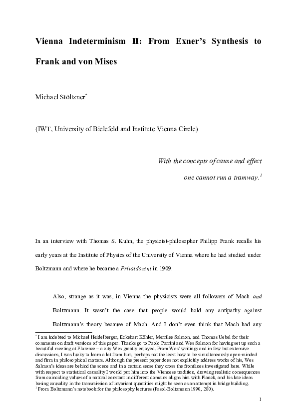 (DOC) Vienna Indeterminism II: From Exner's Synthesis to Frank and von ...