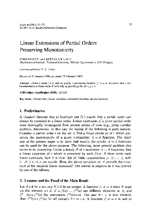 (PDF) Linear extensions of partial orders preserving monotonicity